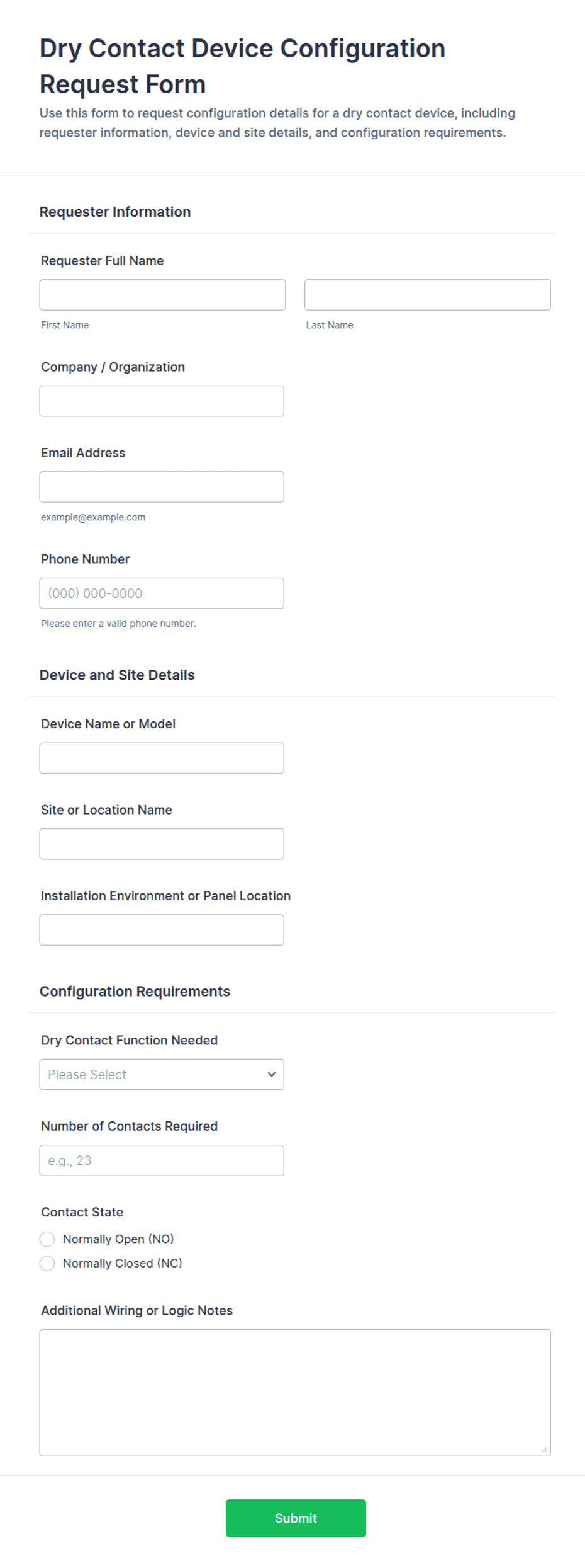 Dry Contact Device Configuration Request Form Template | Jotform
