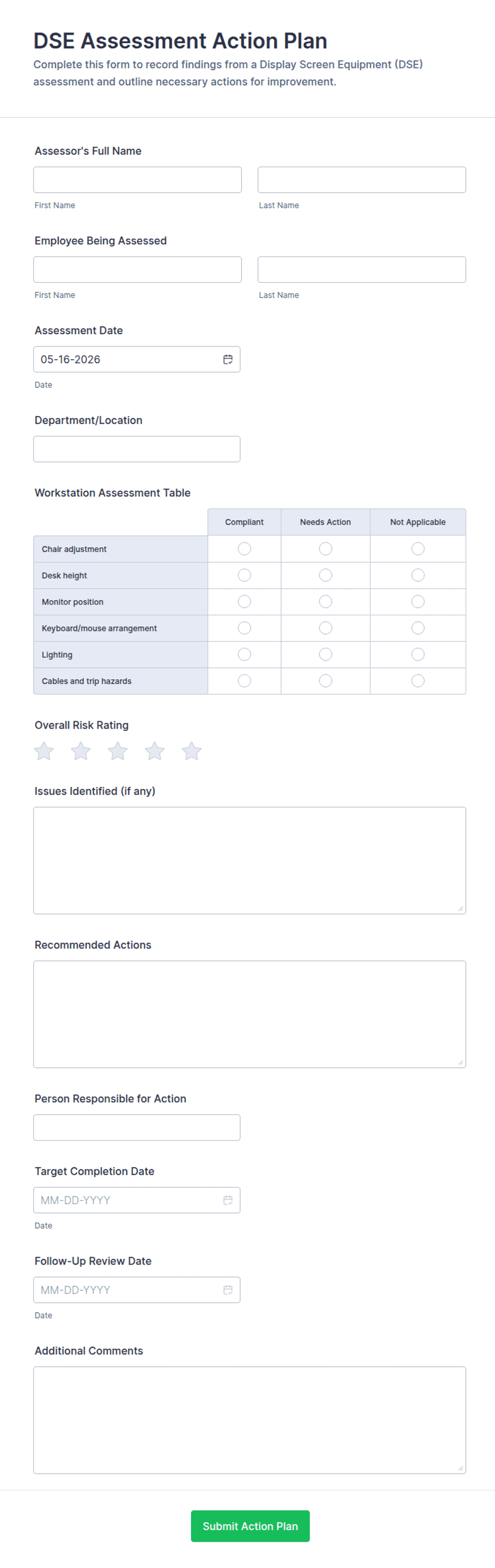 DSE Assessment Action Plan Form Template | Jotform