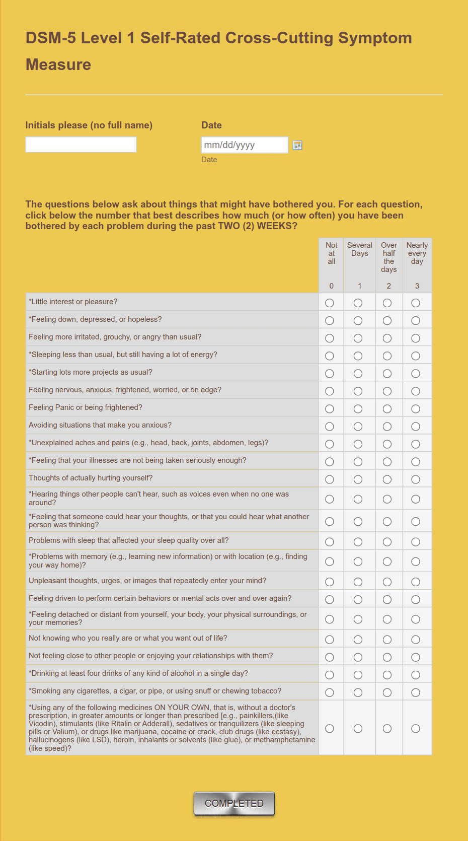 DSM-5 Level 1 Cross-Cutting Symptom Measure Assessment Form Template ...