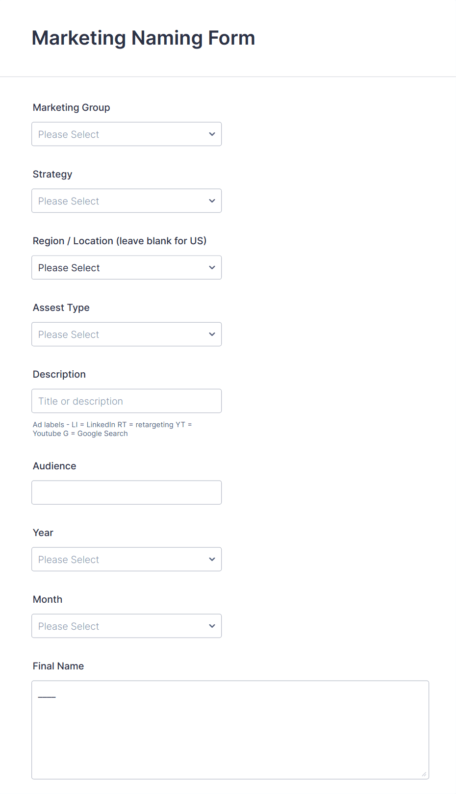 DT Marketing Naming Form Template | Jotform