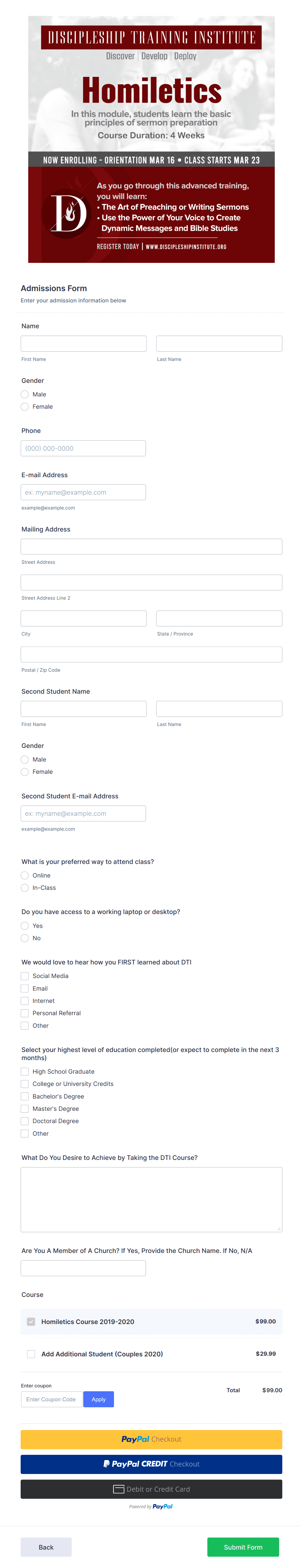 DTI Homiletics Course Admissions Application Form Template | Jotform