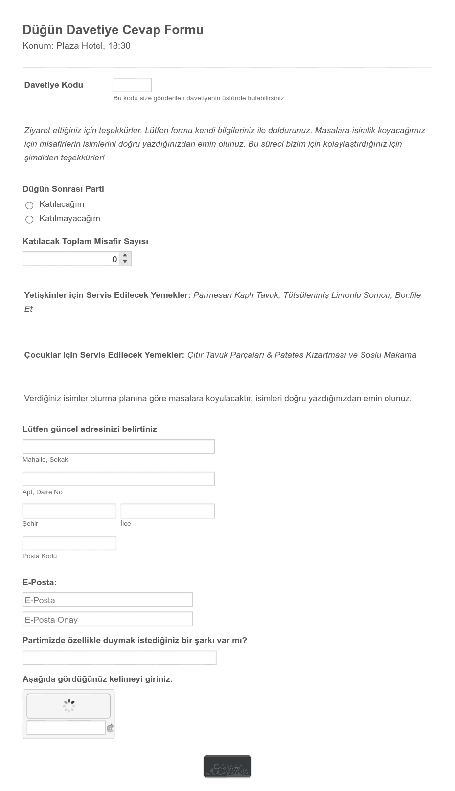 Düğün Davetiyesi Cevap Formu Örneği | Jotform