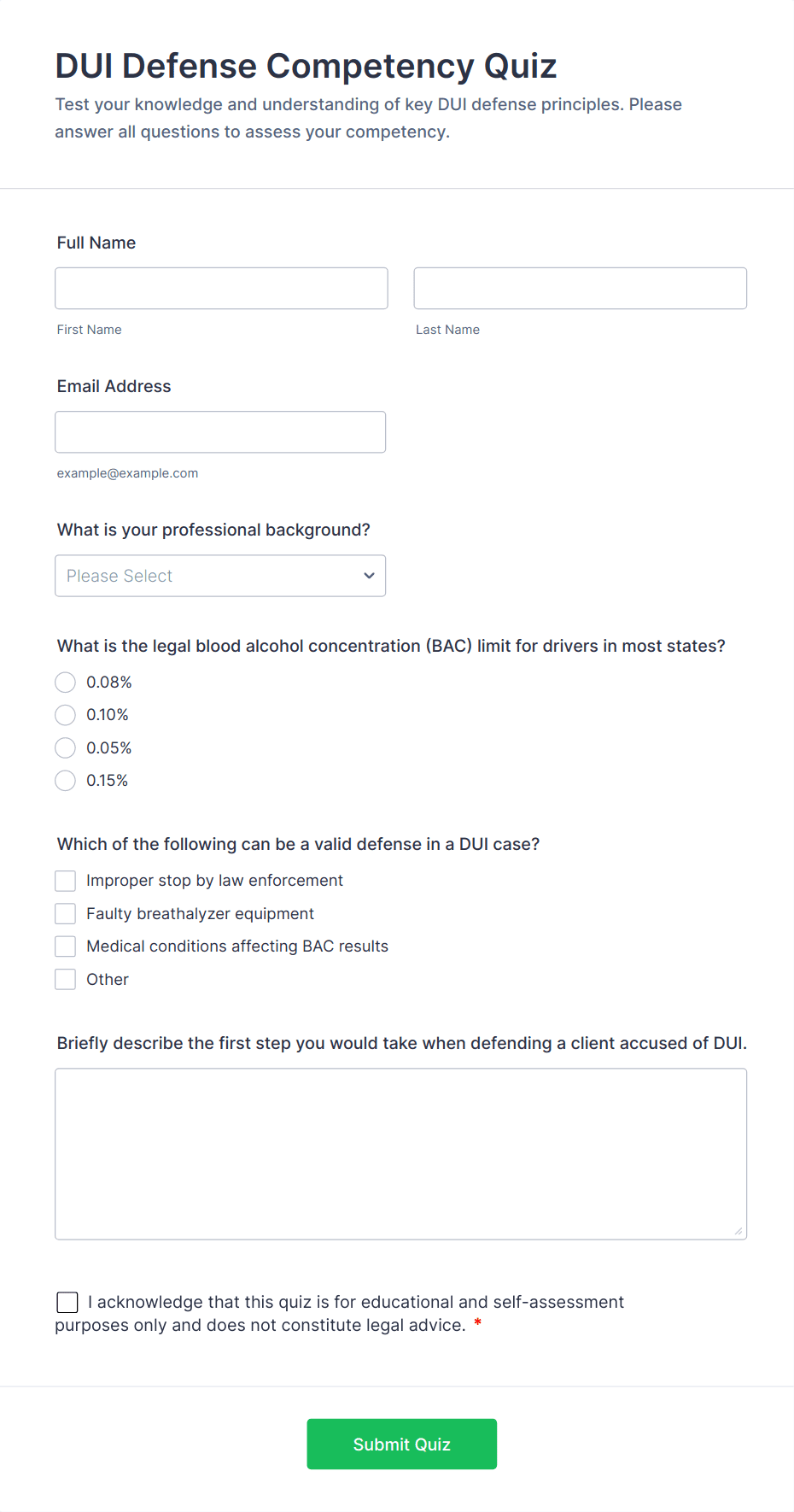 DUI Defense Competency Quiz Form Template | Jotform