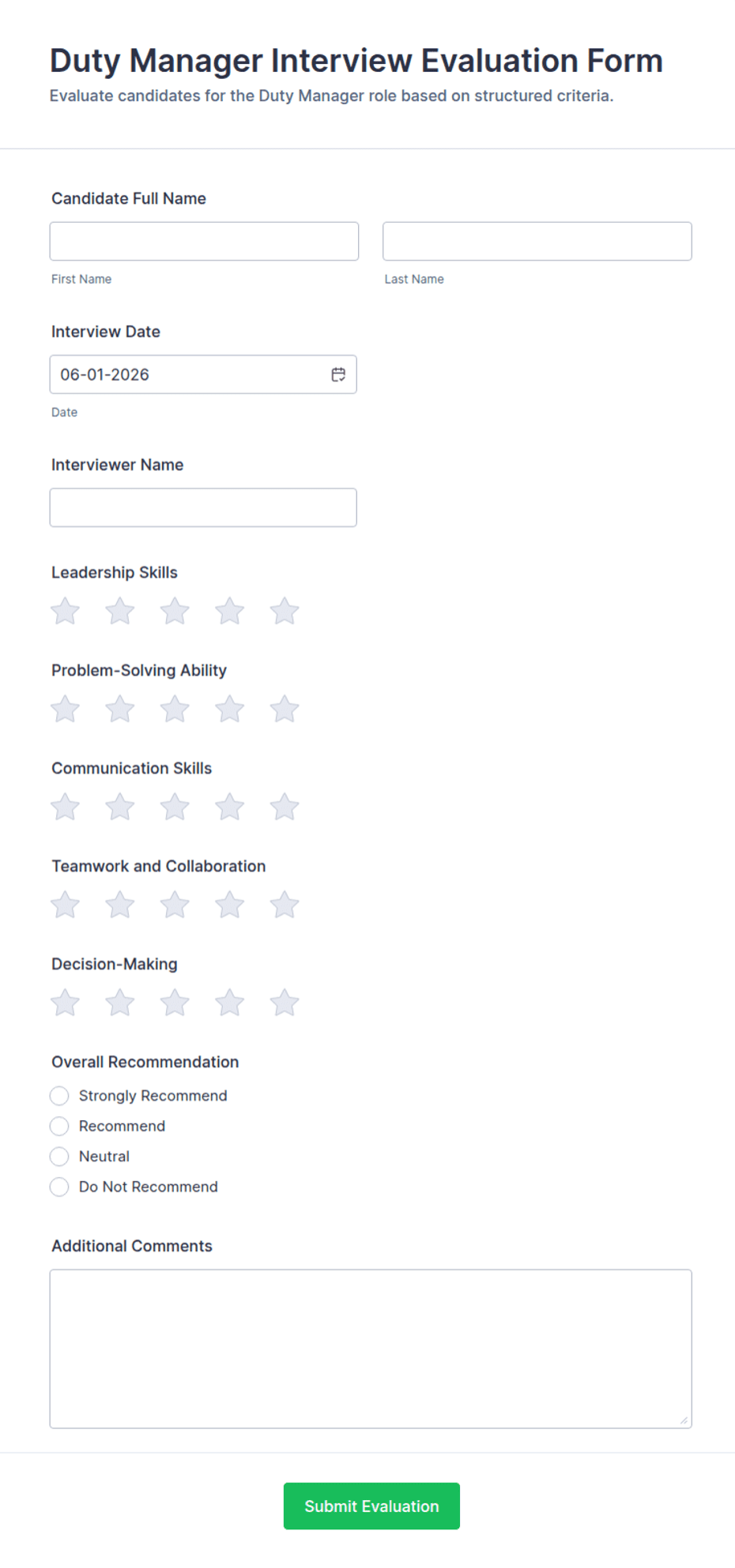 Duty Manager Interview Evaluation Form Template | Jotform