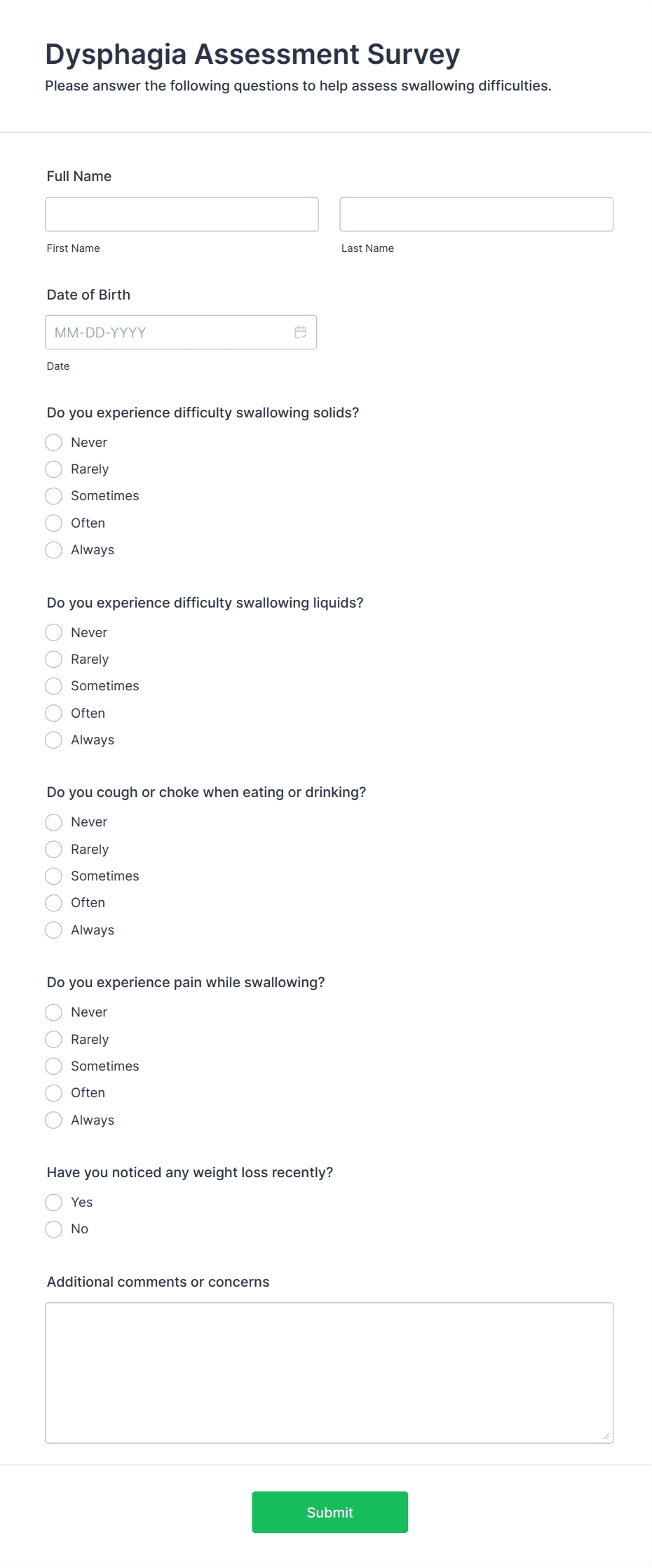 Dysphagia Assessment Survey Form Template | Jotform