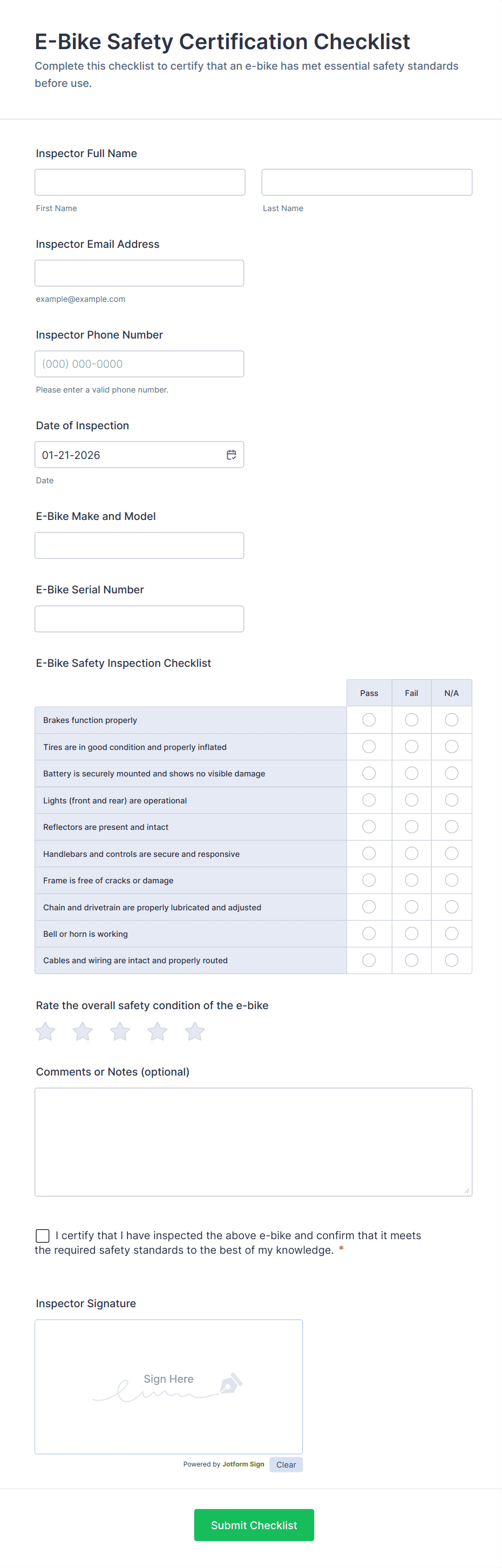 E-Bike Safety Certification Checklist Form Template | Jotform