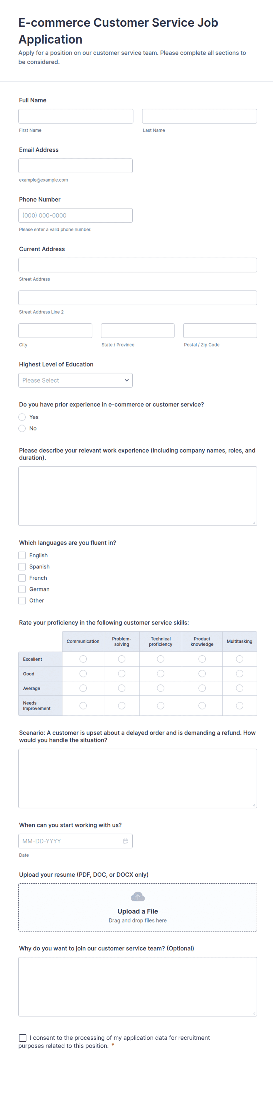 E-commerce Customer Service Job Application Form Template | Jotform