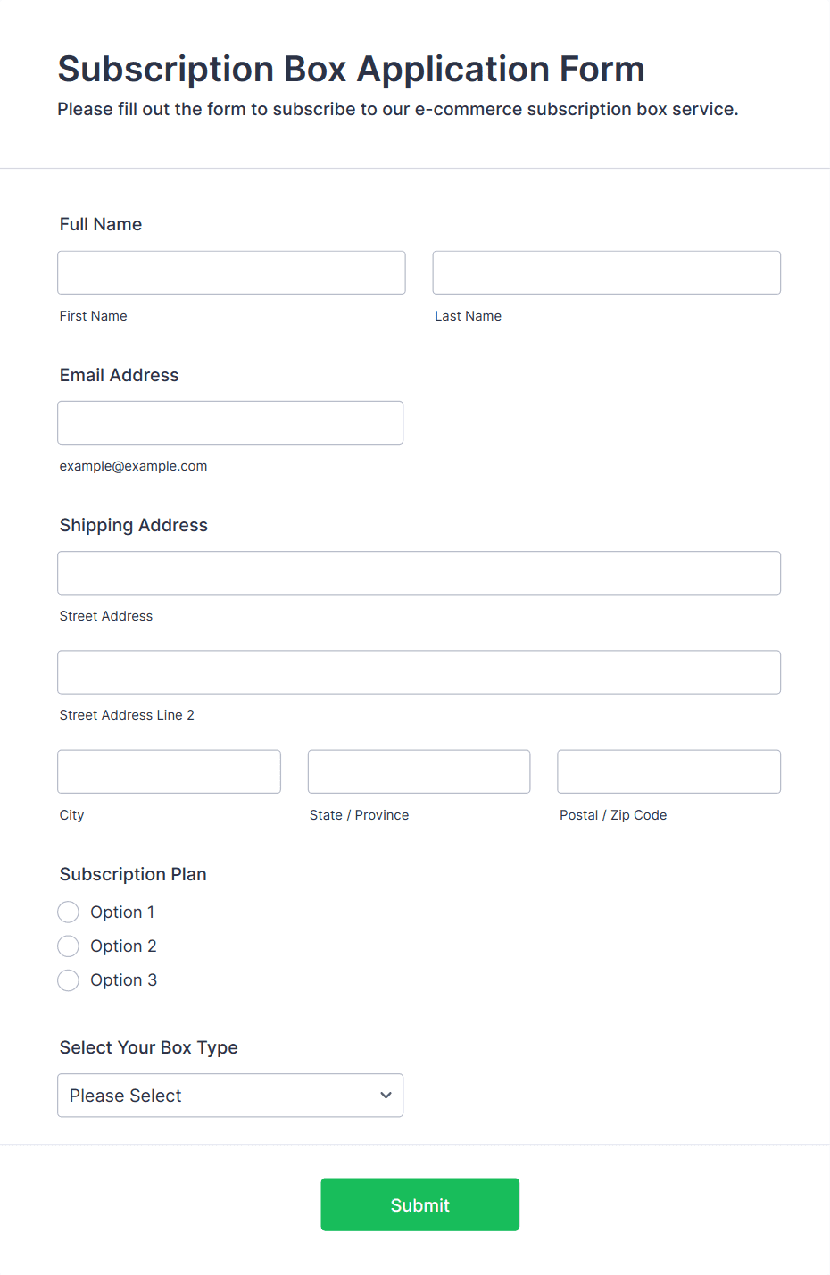 E-commerce Subscription Box Application Form Template | Jotform