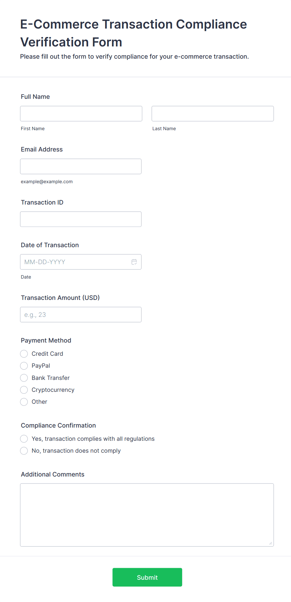 E-Commerce Transaction Compliance Verification Form Template | Jotform