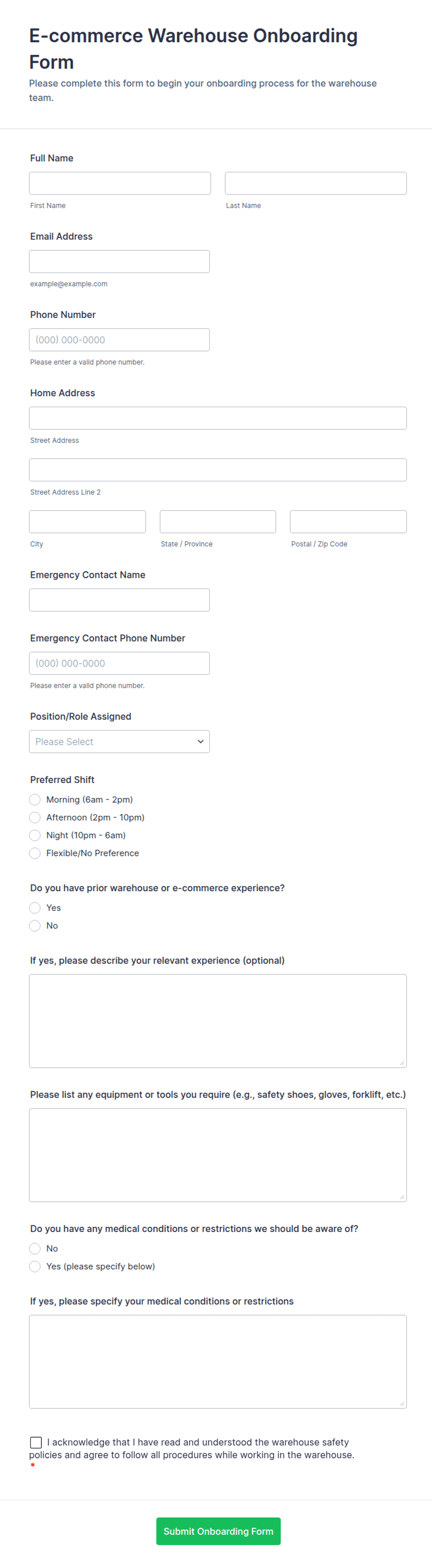 E-commerce Warehouse Onboarding Form Template | Jotform