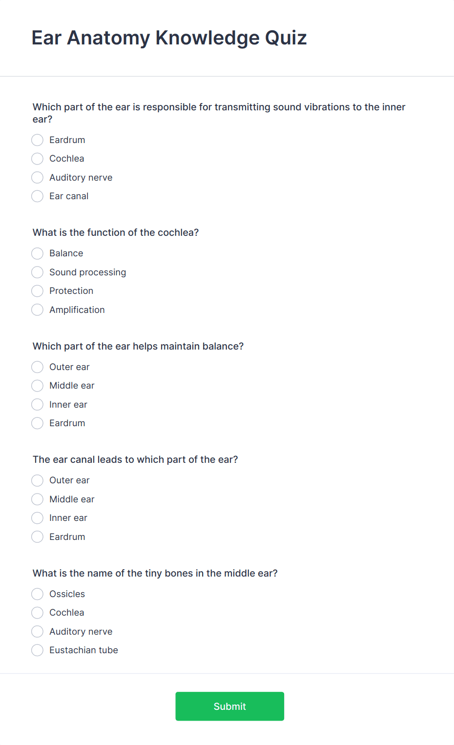 Ear Anatomy Knowledge Quiz Form Template | Jotform