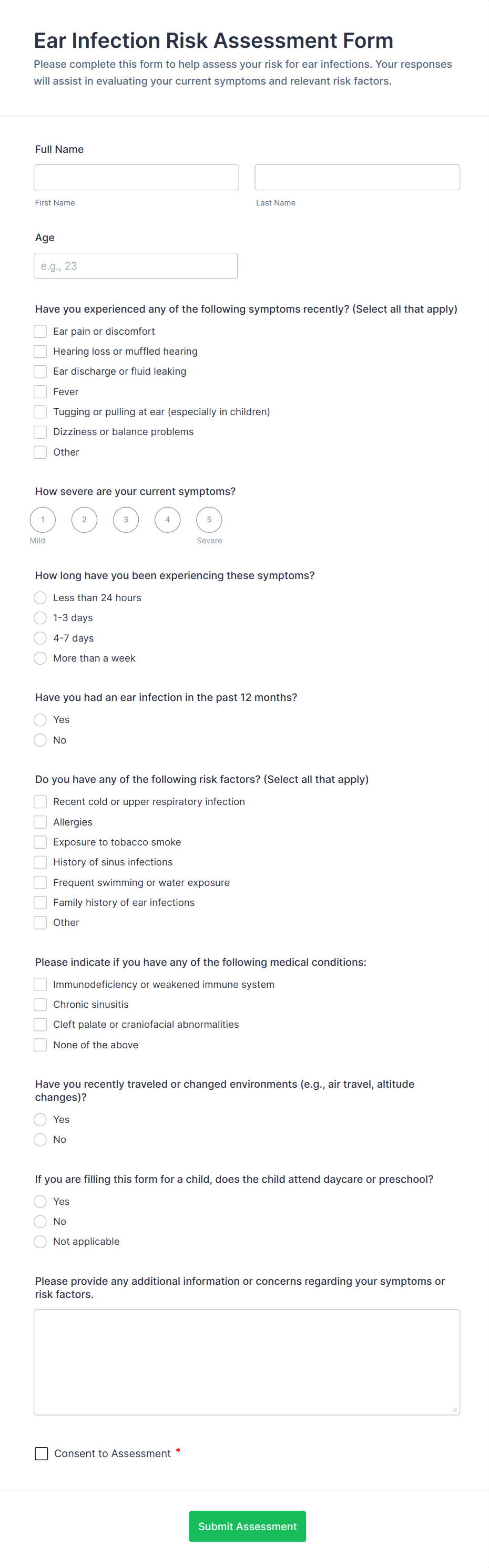 Ear Infection Risk Assessment Form Form Template | Jotform