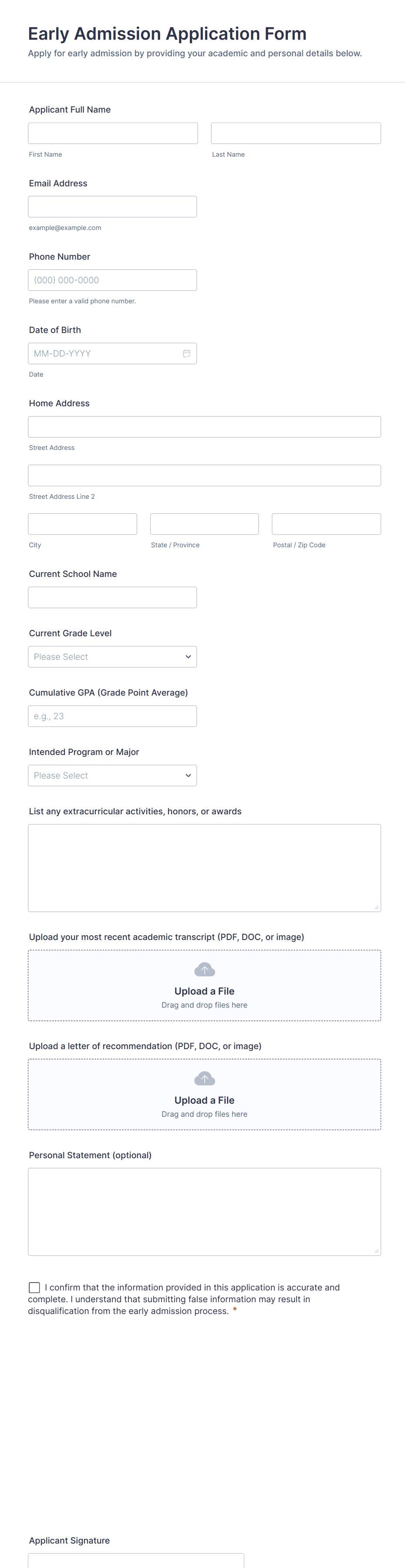 Early Admission Application Form Template | Jotform