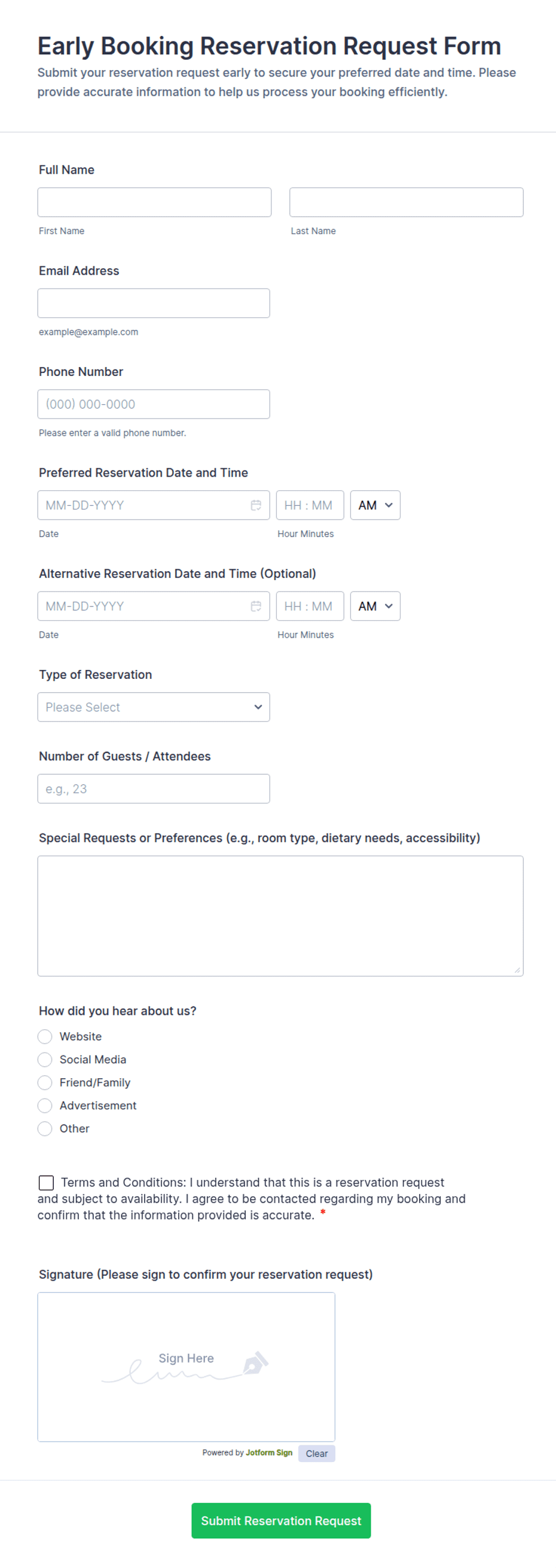 Early Booking Reservation Request Form Template | Jotform