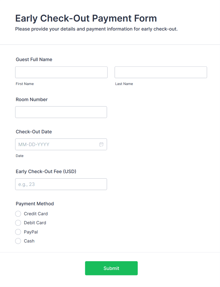 Early Check-Out Payment Form Template | Jotform