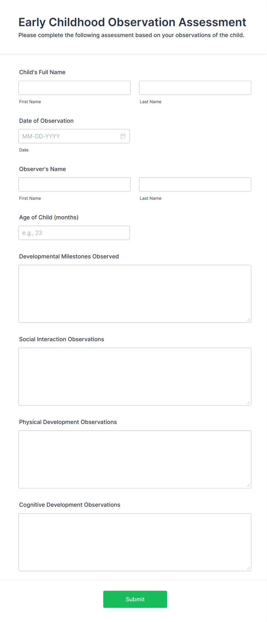 Early Childhood Observation Assessment Form Template | Jotform