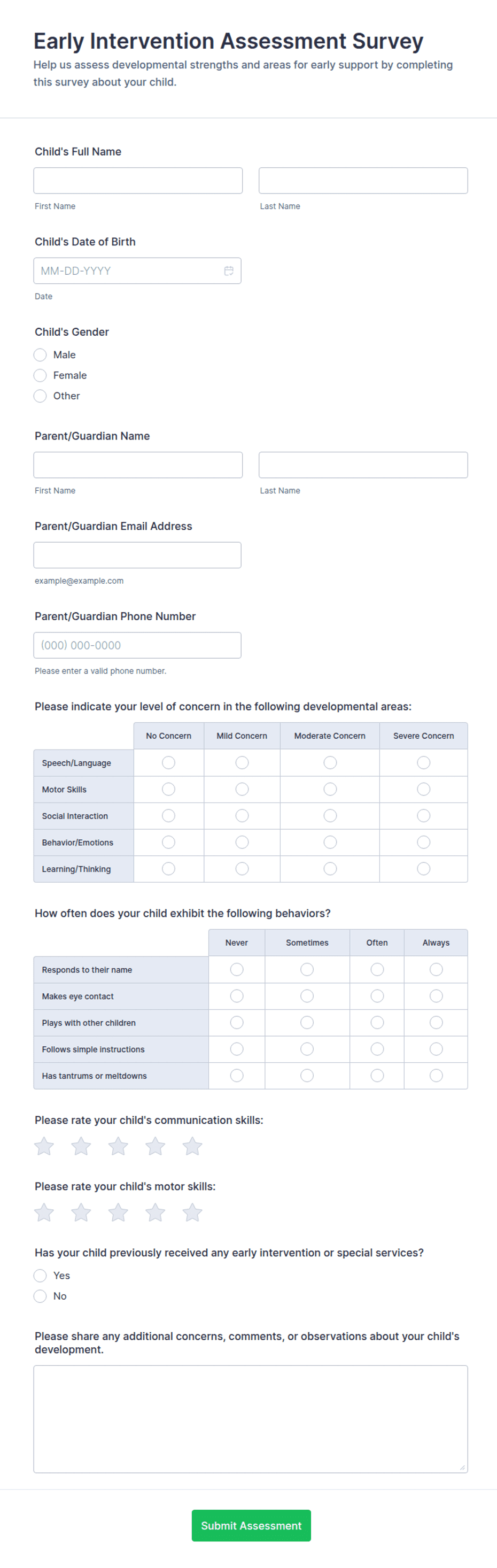 Early Intervention Assessment Survey Form Template | Jotform
