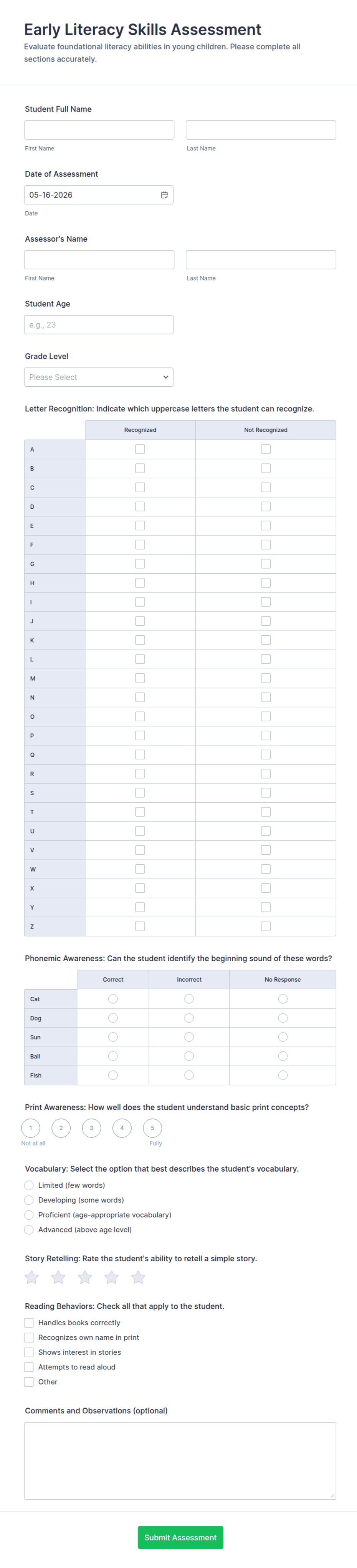 Early Literacy Skills Assessment Form Template | Jotform