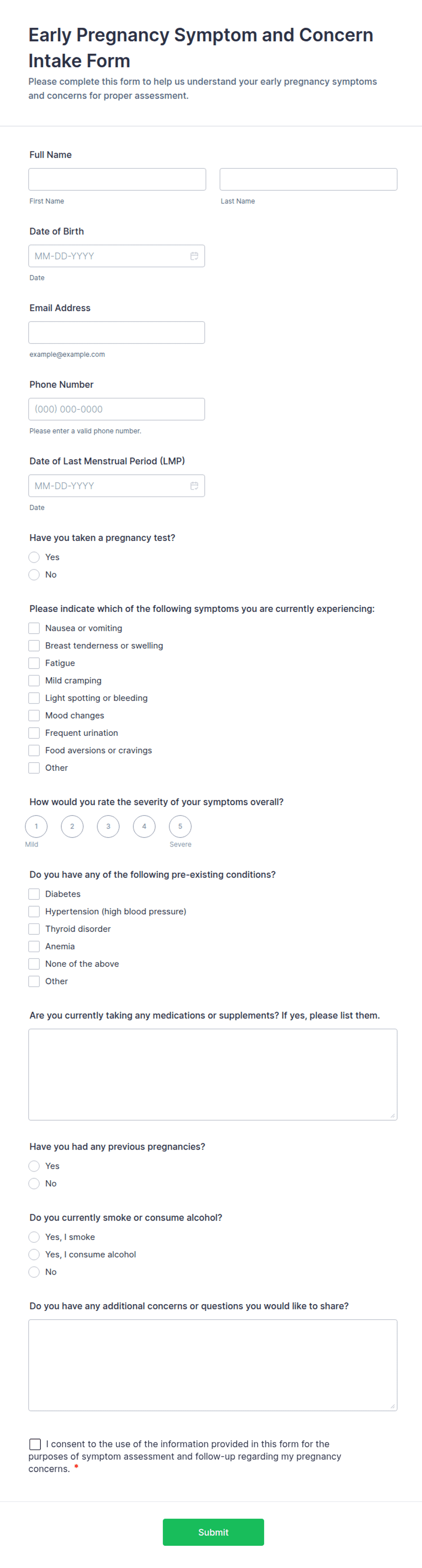 Early Pregnancy Symptom and Concern Intake Form Template | Jotform