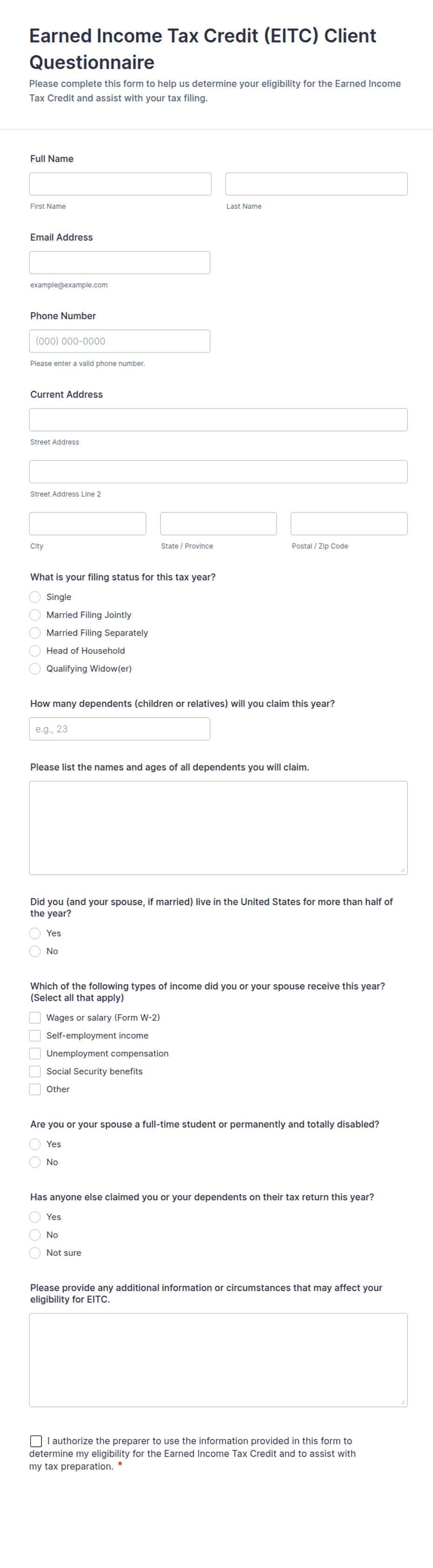 Earned Income Tax Credit (EITC) Client Questionnaire Form Template ...