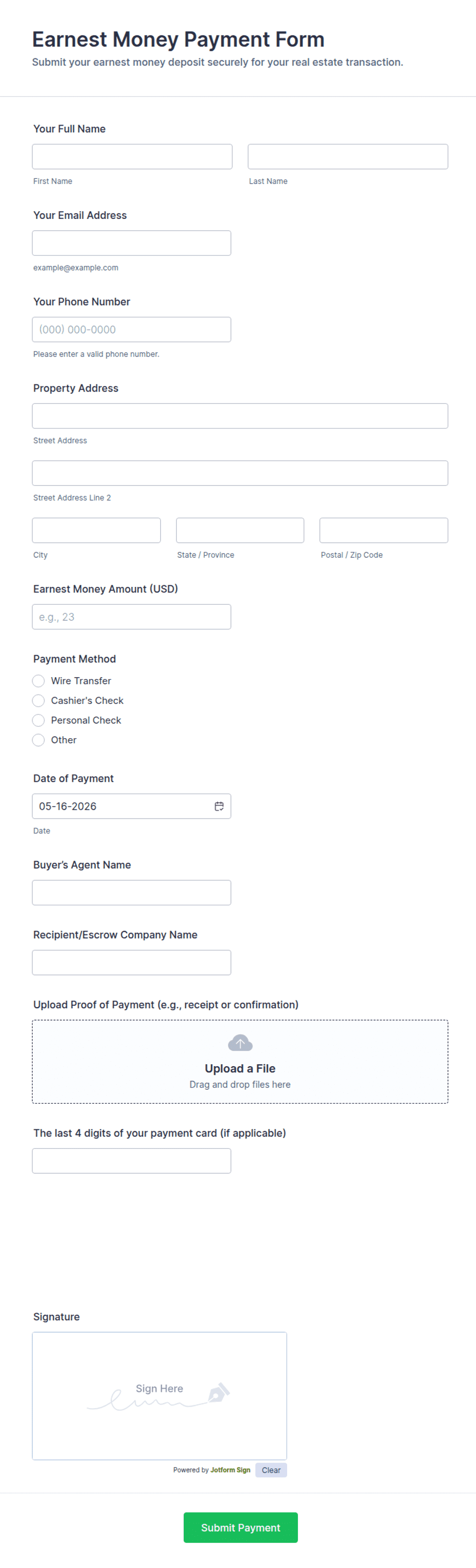 Earnest Money Payment Form Template | Jotform