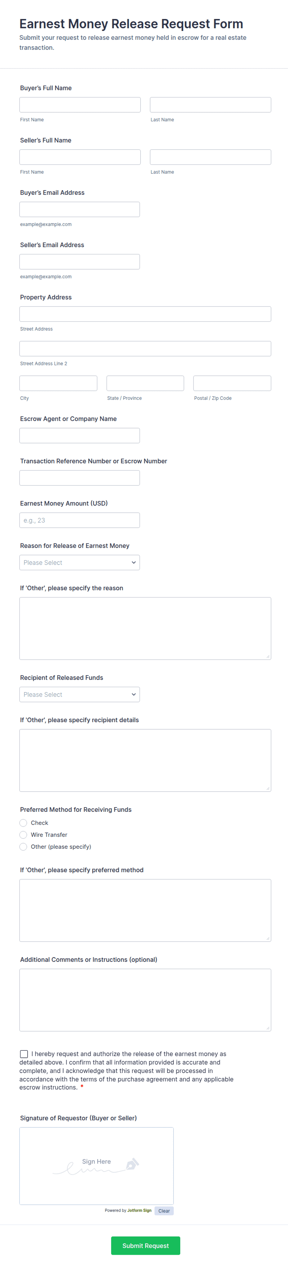 Earnest Money Release Request Form Template | Jotform