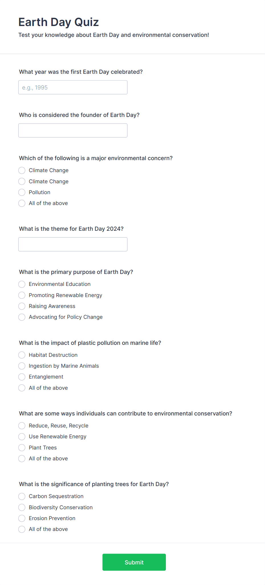 Earth Day Quiz Form Template | Jotform