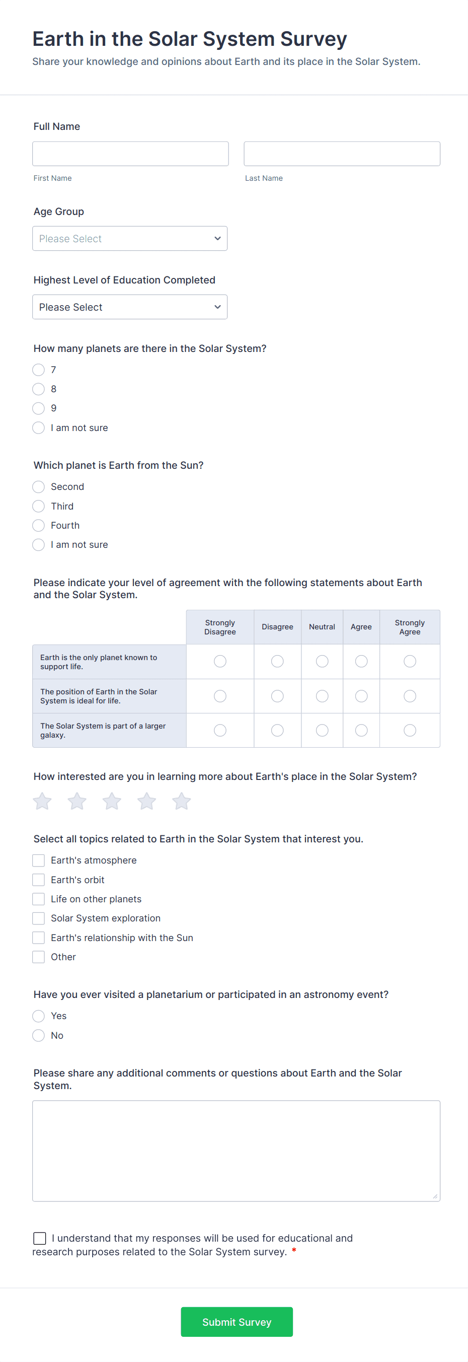 Earth in the Solar System Survey Form Template | Jotform