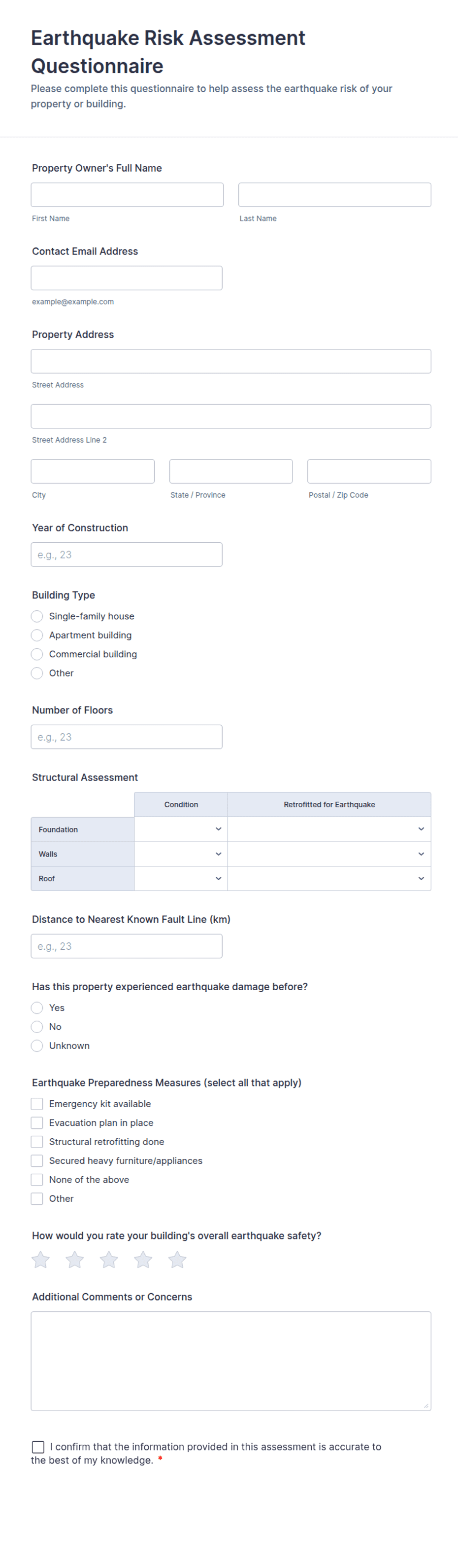 Earthquake Risk Assessment Questionnaire Form Template | Jotform
