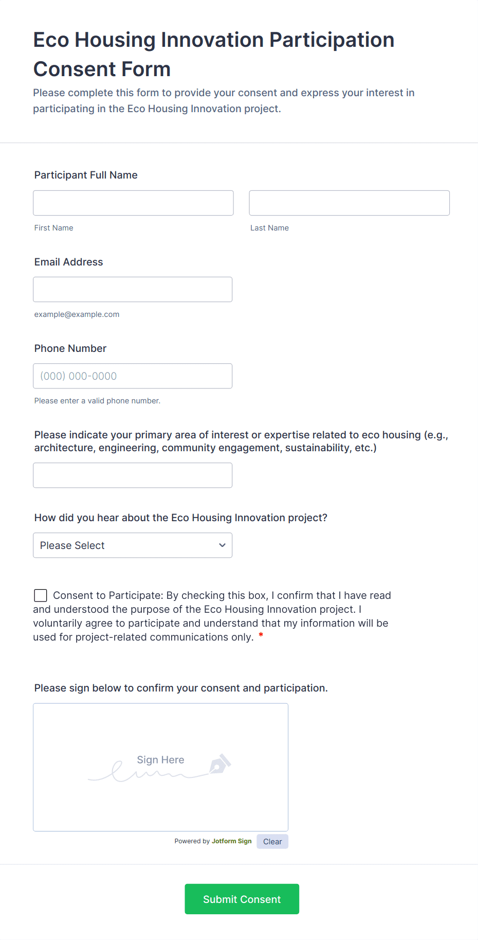Eco Housing Innovation Participation Consent Form Template | Jotform