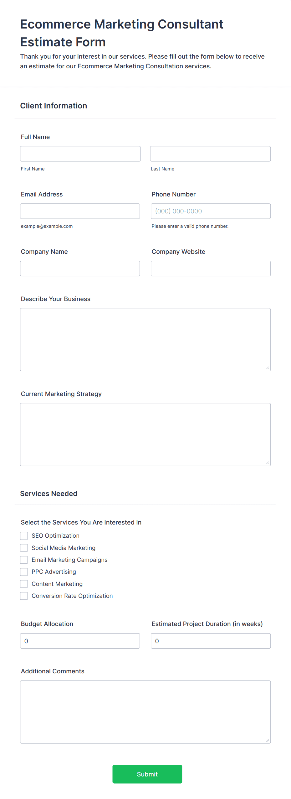 Ecommerce Marketing Consultant Estimate Form Template | Jotform