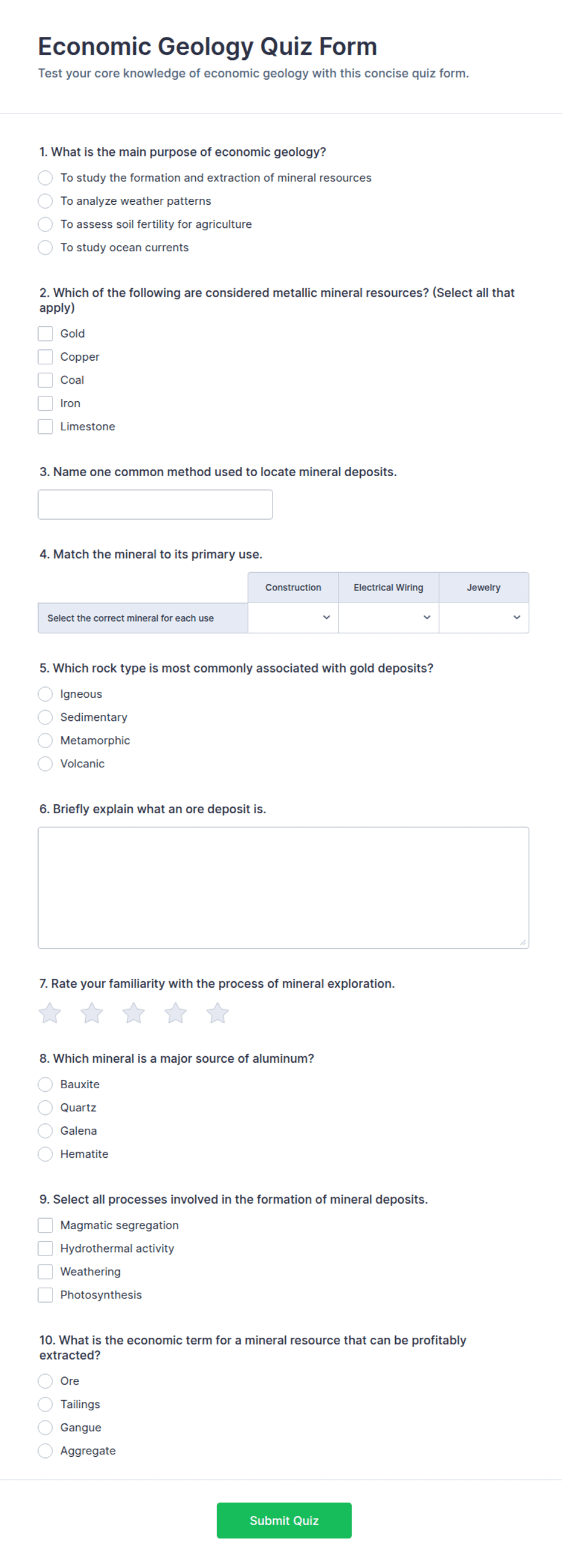Economic Geology Quiz Form Template | Jotform