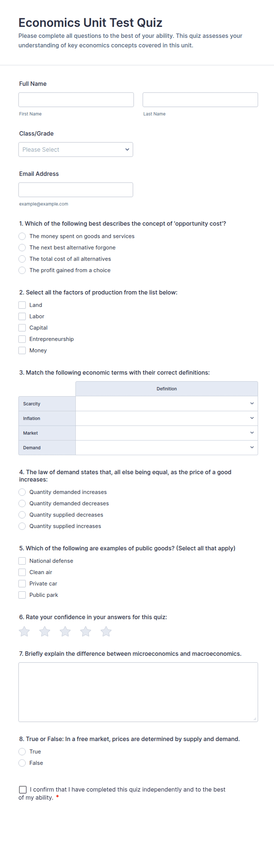 Economics Unit Test Quiz Form Template | Jotform