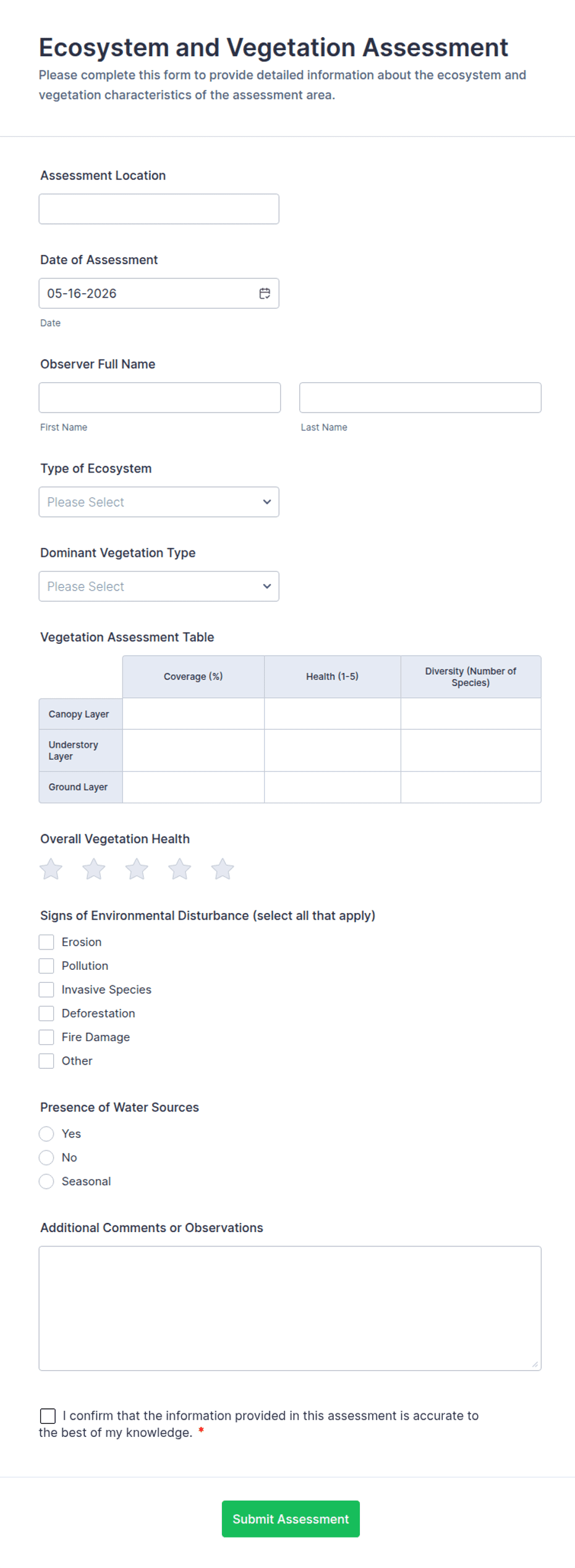 Ecosystem and Vegetation Assessment Form Template | Jotform