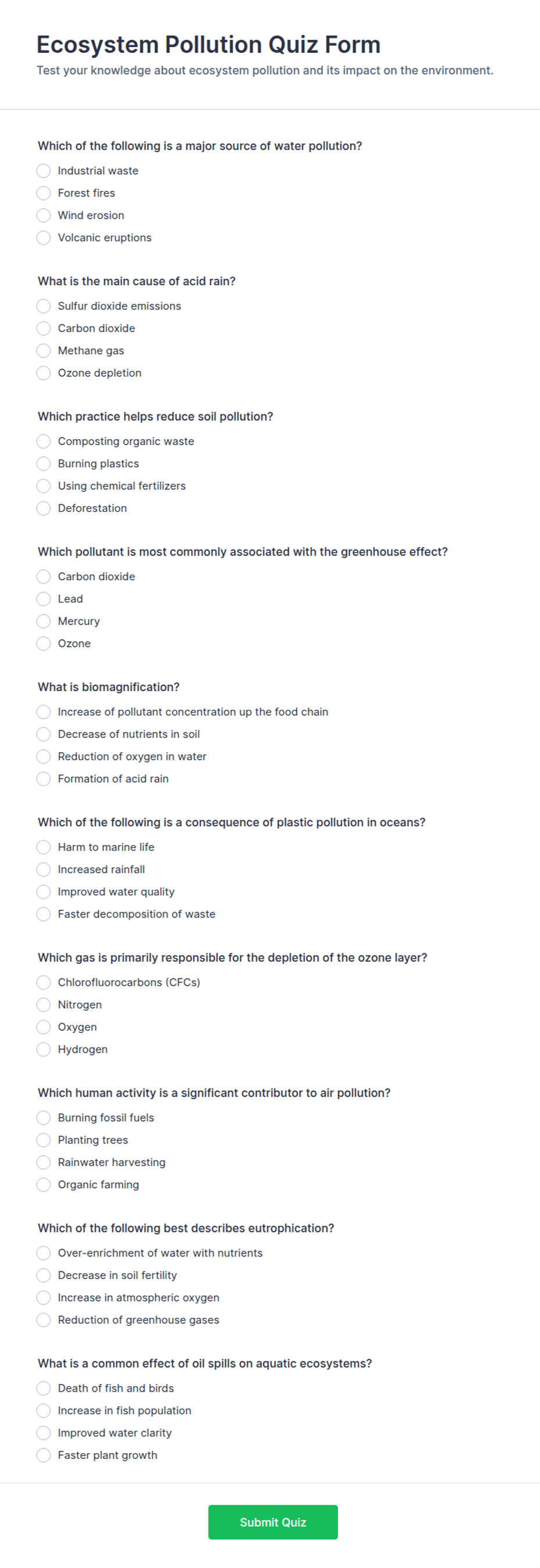 Ecosystem Pollution Quiz Form Template | Jotform