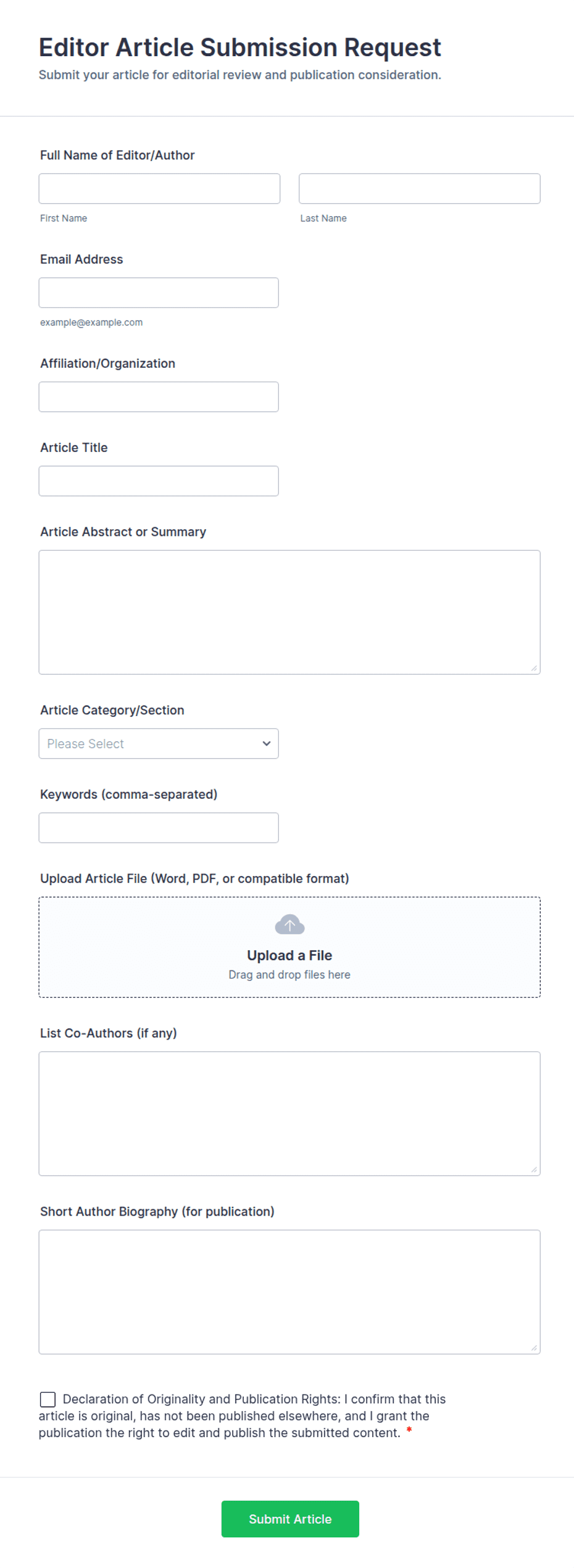 Editor Article Submission Request Form Template | Jotform