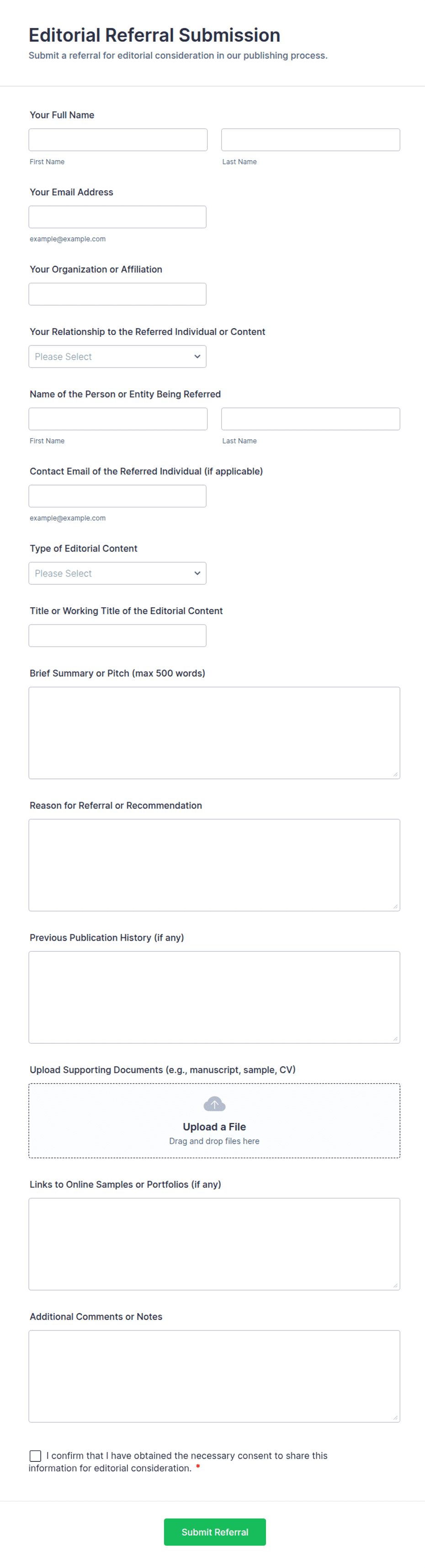 Editorial Referral Submission Form Template | Jotform