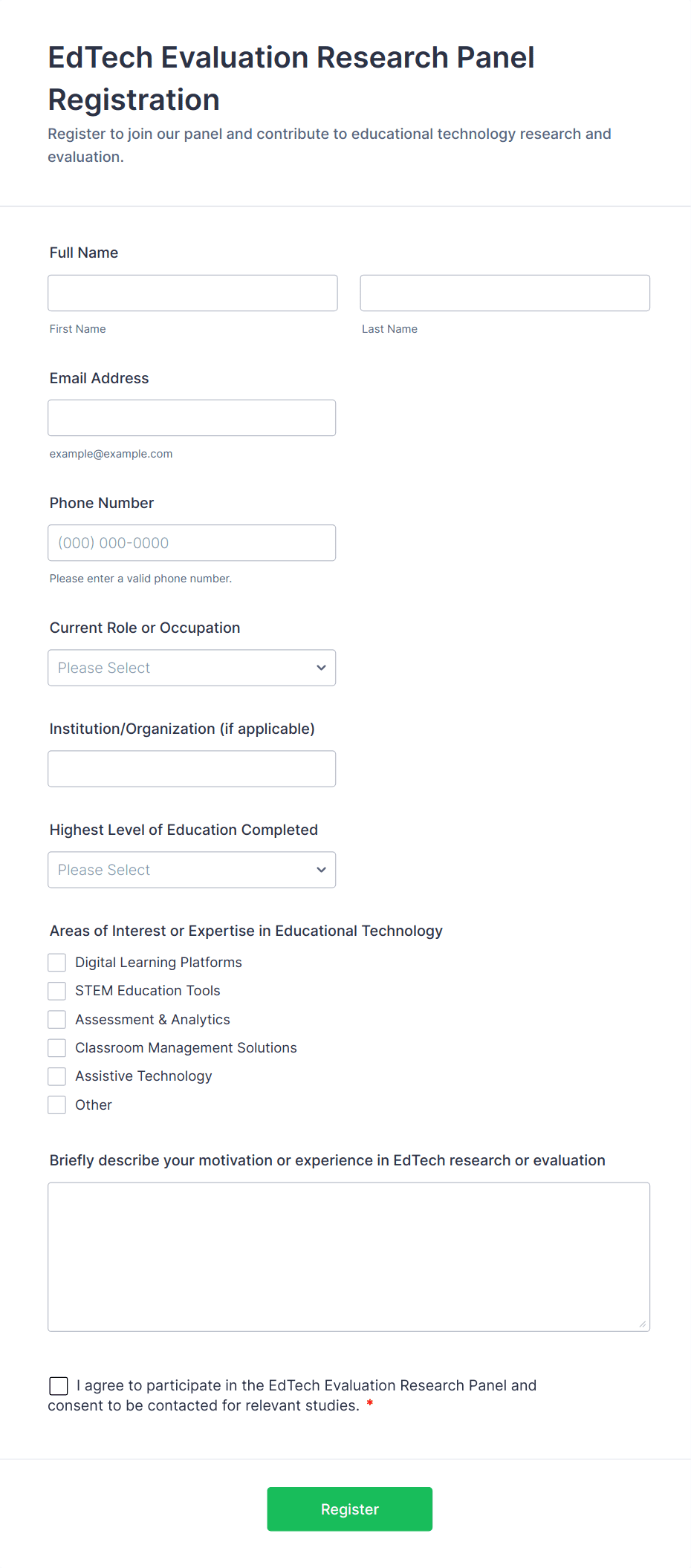 EdTech Evaluation Research Panel Registration Form Template | Jotform