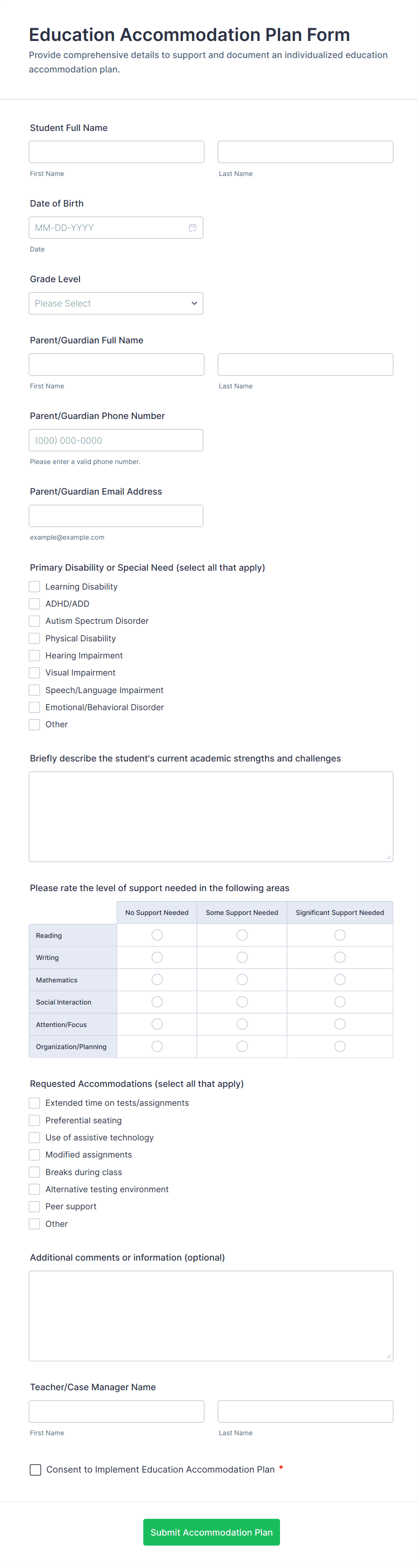 Education Accommodation Plan Form Template | Jotform