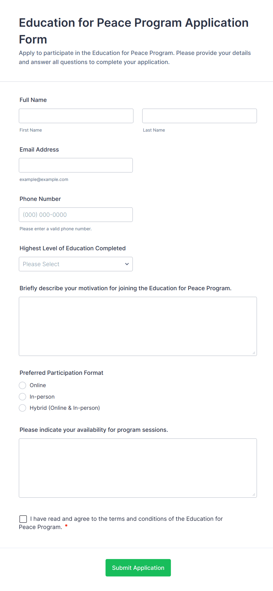 Education for Peace Program Application Form Template | Jotform