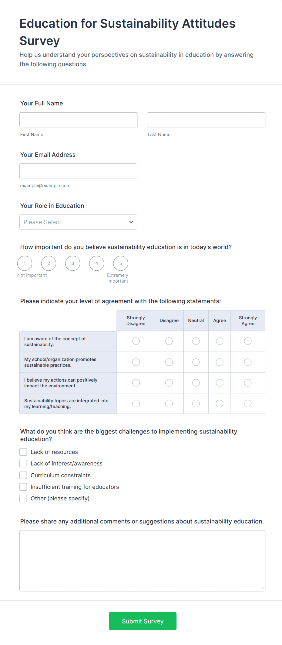 Education for Sustainability Attitudes Survey Form Template | Jotform