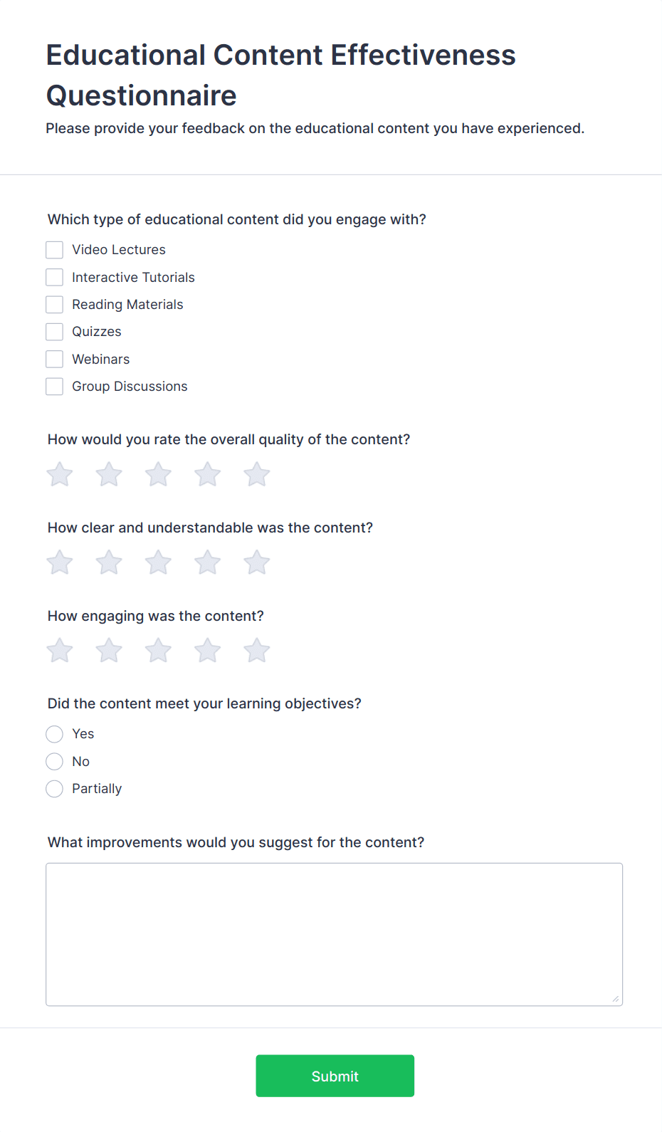 Educational Content Effectiveness Questionnaire Form Template | Jotform