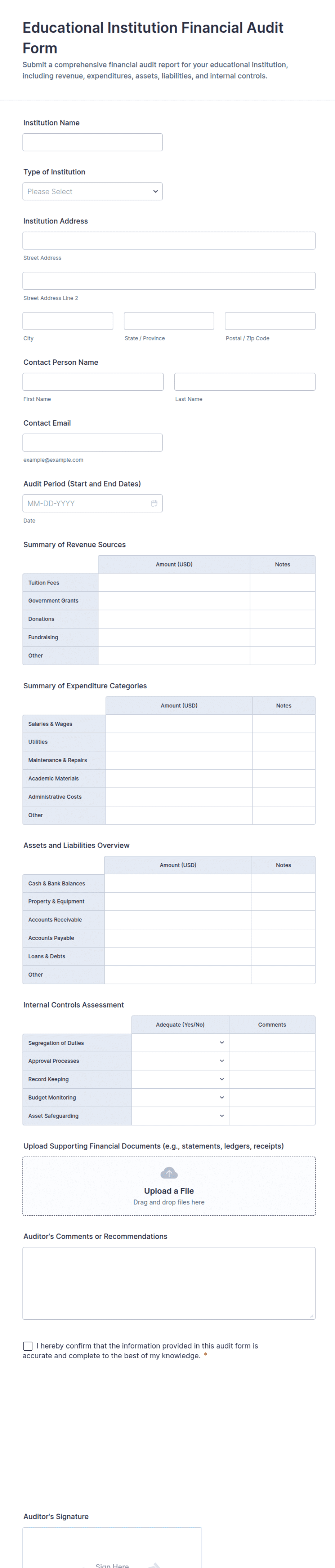Educational Institution Financial Audit Form Template | Jotform