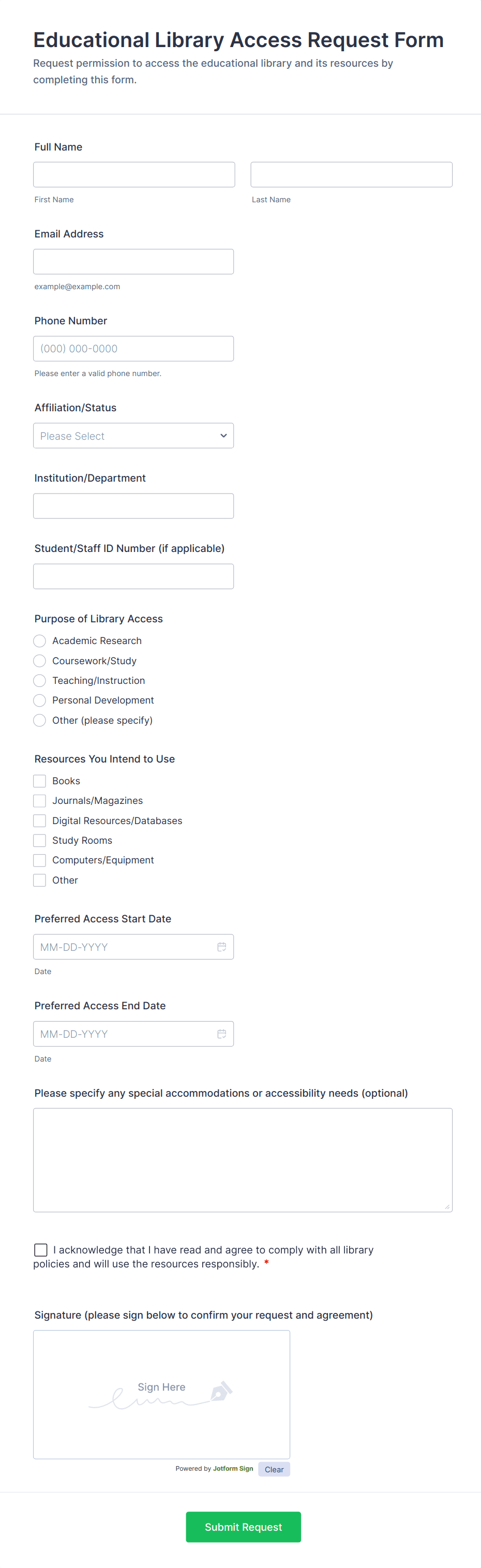 Educational Library Access Request Form Template | Jotform