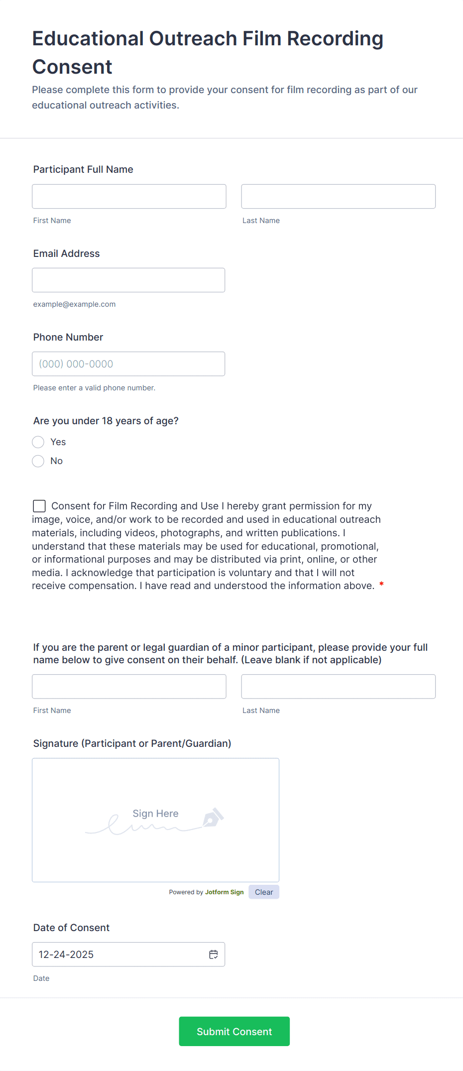 Educational Outreach Film Recording Consent Form Template | Jotform