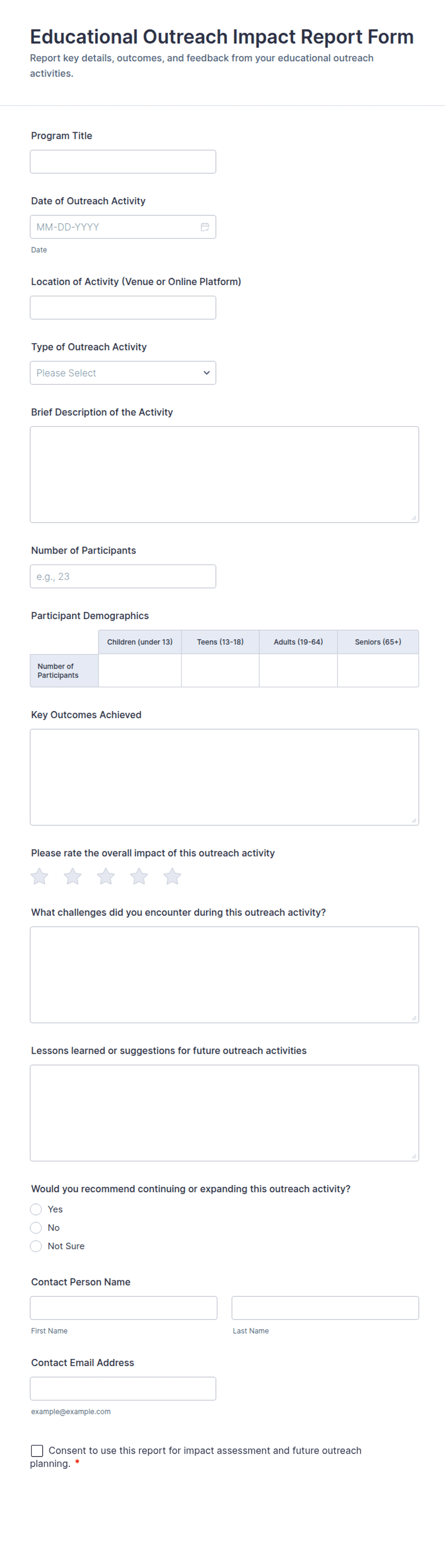 Educational Outreach Impact Report Form Template | Jotform