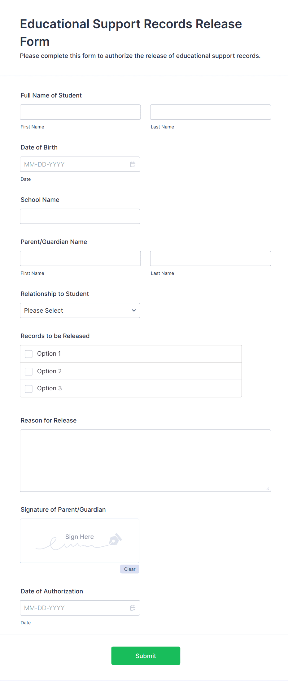 Educational Support Records Release Form Template | Jotform