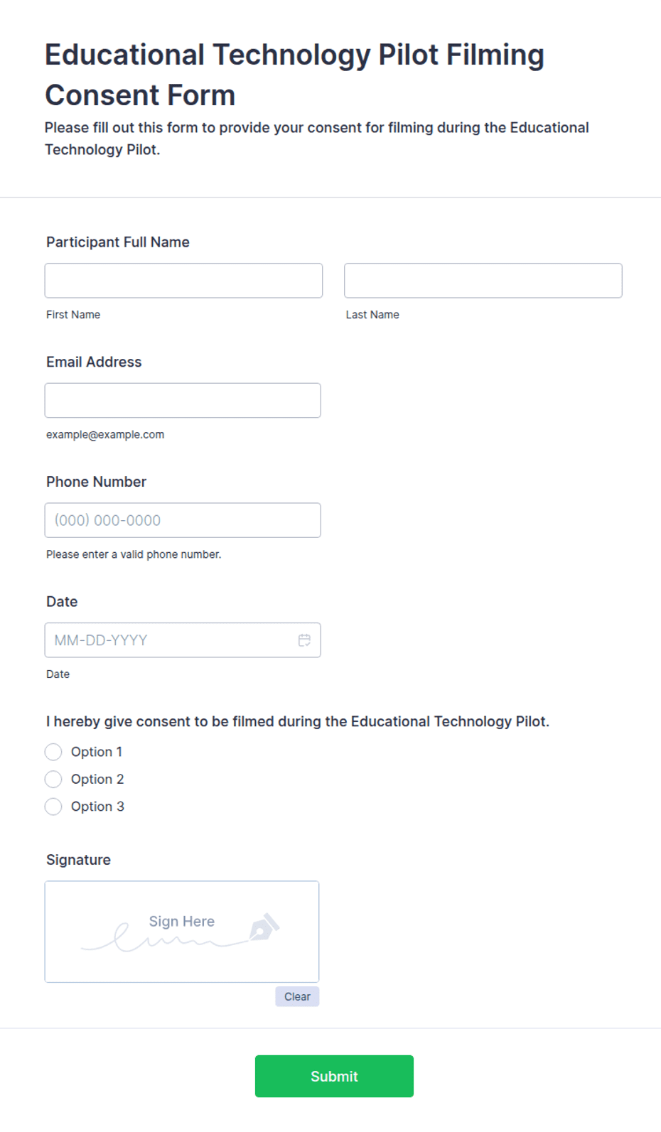 Educational Technology Pilot Filming Consent Form Template | Jotform