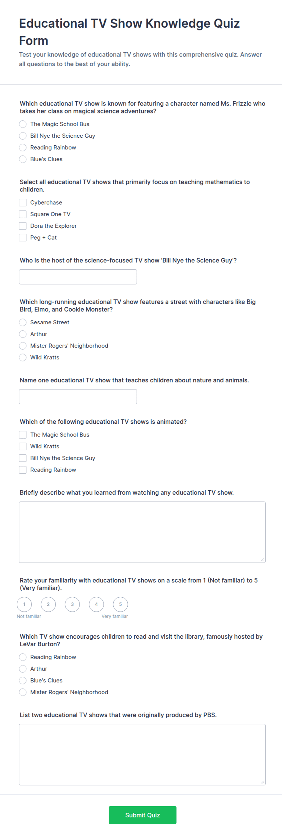 Educational TV Show Knowledge Quiz Form Template | Jotform