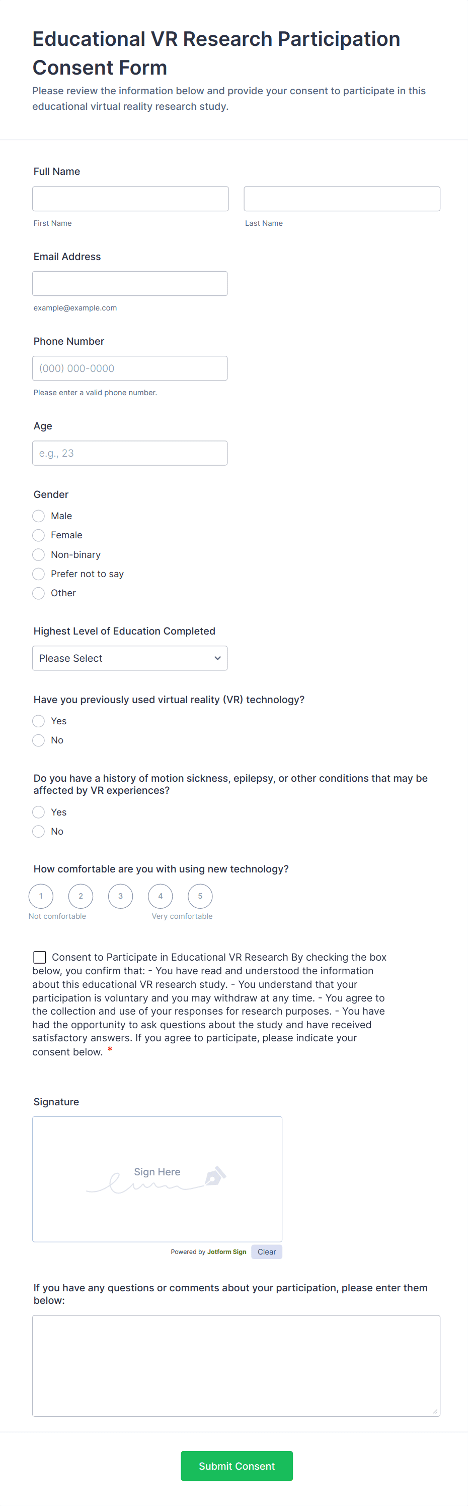 Educational VR Research Participation Consent Form Template | Jotform